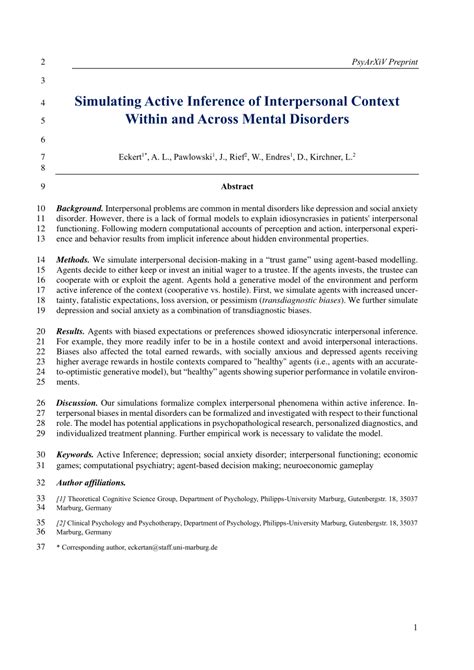 Pdf Simulating Active Inference Of Interpersonal Context Within And Across Mental Disorders