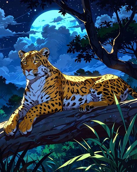 Anime Style Leopard On The Tree With Moon Behind Stock Illustration
