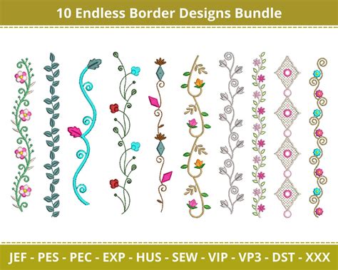 10 Endless Flower Border Embroidery Designs 8 Formats Instant