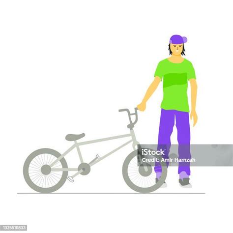 한 청남이 Bmx 자전거를 들고 자랑스럽게 서 있습니다 흰색 배경이 있는 플랫 벡터 디자인 캐릭터 일러스트레이션입니다 Bmx 자전거타기에 대한 스톡 벡터 아트 및 기타