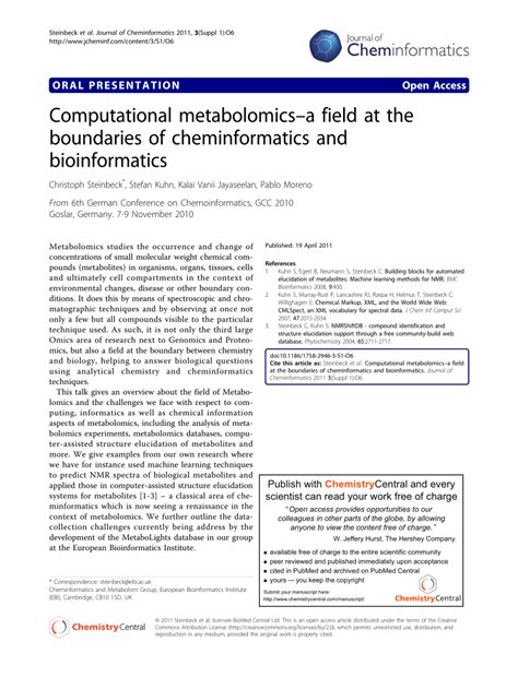 Pdf Computational Metabolomics A Field At The Boundaries Of Cheminformatics And Bioinformatics