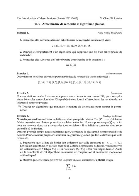 Td6 Arbre Binaire De Recherche Et Algorithme Glouton