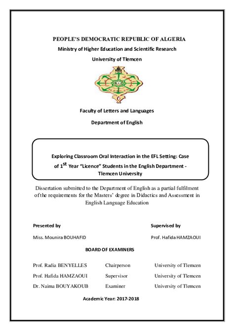 Pdf Exploring Classroom Oral Interaction In The Efl Setting Case Of 1st Year “licence