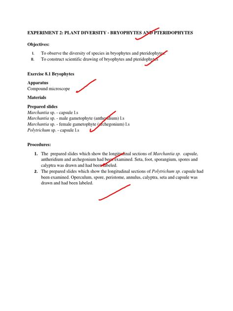 Experiment 2 Plant Diversity Pteridophyte And Bryophytes Pdf Spore Plant Morphology