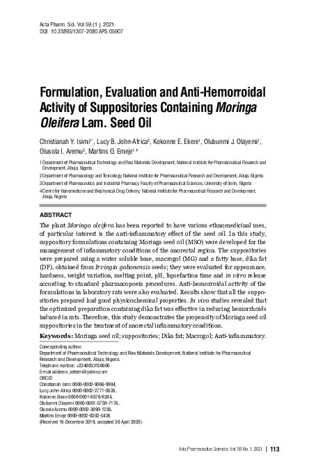 Pdf Formulation Evaluation And Anti Hemorroidal Activity Of Suppositories Containing Moringa