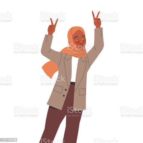 히잡의 무슬림 여성 긍정적 인 평화 제스처로 그녀의 손으로 V 기호를 보여주는 행복과 흥분을 느끼는 벡터 일러스트 레이 션