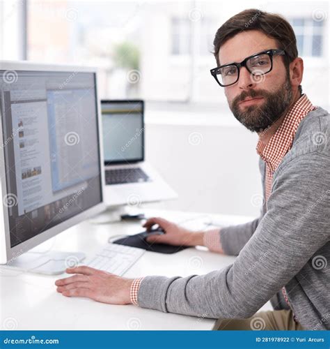 Business Man Serious Portrait And Computer Coding Of A It Professional At An Office Desk