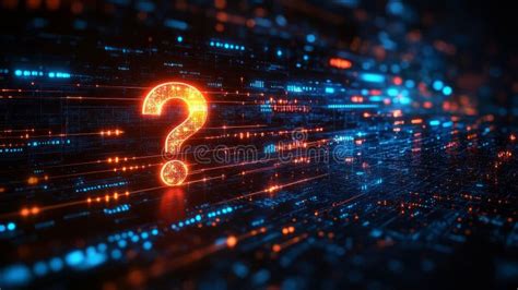 A Glowing Question Mark Symbol Amidst Digital Data Streams And Vibrant Lights Stock Illustration