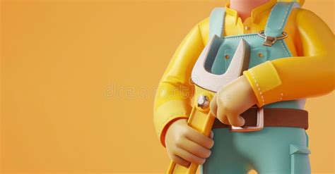 3d Style Cute Cartoon Character Of A Construction Worker Holding A Large Spanner Stock