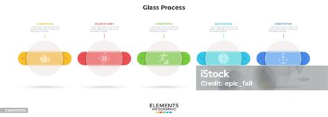수평 행에 배치된 반투명 원 뒤에 5개의 둥근 요소가 있는 프로세스 차트입니다 투명한 비즈니스 체인의 개념 최소한의 인포그래픽 디자인 템플릿입니다 현대 평면 벡터 그림입니다