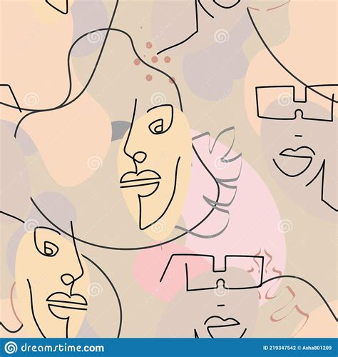 One Line Drawing Abstract Face Seamless Pattern Stock Vector Illustration Of Girl Line
