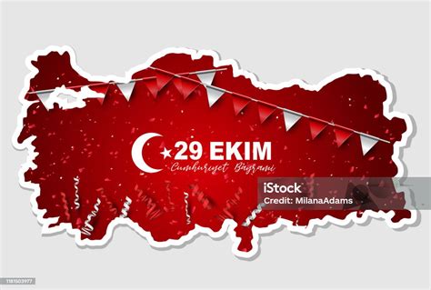 29 에킴 쿠후리예트 바이라미 10월 29일 터키 공화국의 날 국가 영토 모양 번팅 플래그 및 링릿이 있는 배너 디자인
