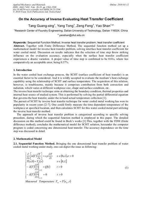 On The Accuracy Of Inverse Evaluating Heat Transfer Coefficient Scientific Net