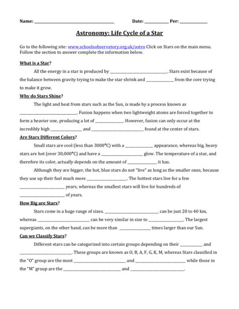 Star Life Cycle Worksheet Astronomy Basics