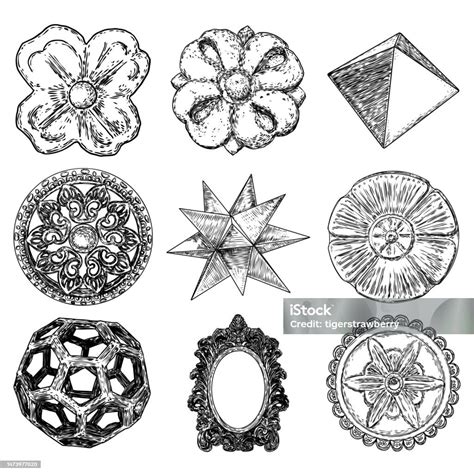 빈티지 장식 바로크 장식 요소와 낮은 폴리 지오메트리 모양스타 크리스탈 그리기 와 같은 원형 꽃 만다라 세트 패션 스카프 프린트 패브릭 디자인대리석 돌 벡터 건축에 대한