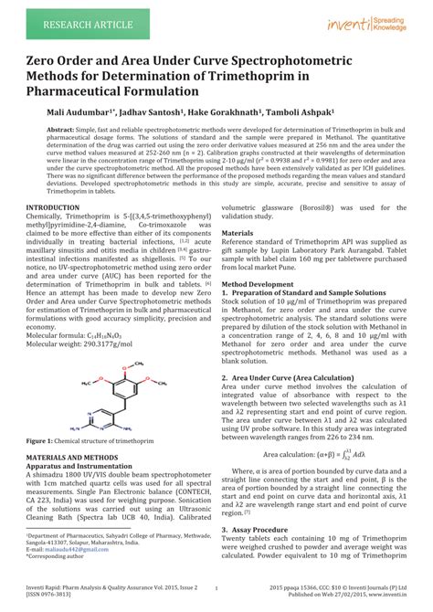 Pdf Zero Order And Area Under Curve Spectrophotometric Methods For Determination Of