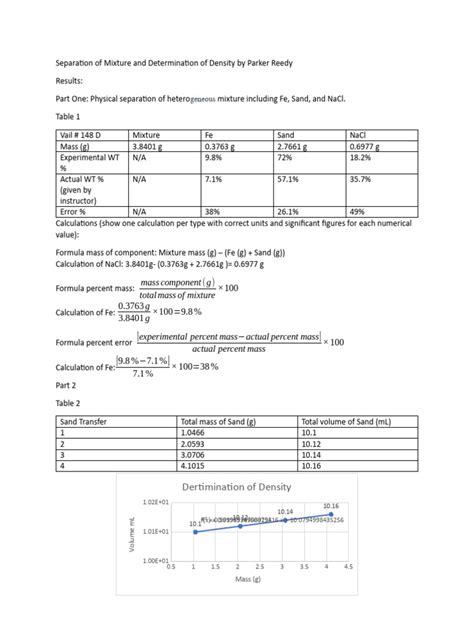 Separation Of Mixture And Determination Of Density Results Pdf Mixture Density