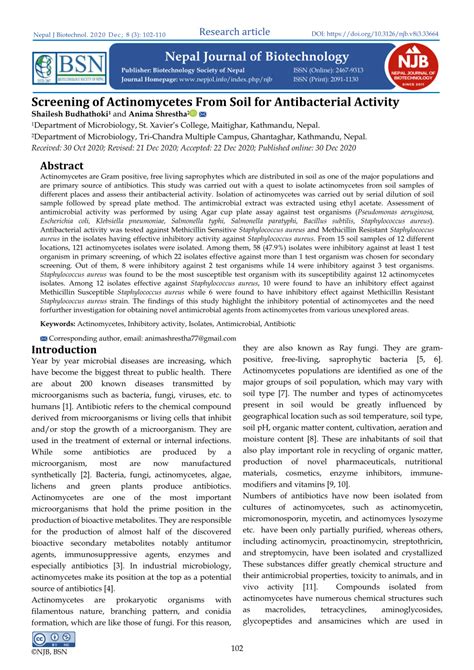 Pdf Screening Of Actinomycetes From Soil For Antibacterial Activity