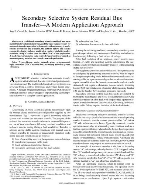 Secondary Selective System Residual Bus Transfer Powell