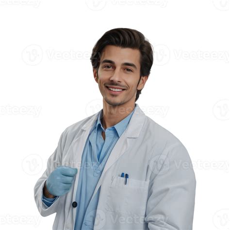 a smiling doctor wearing a blue glove on his hand smiles doctor