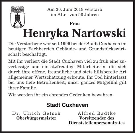Henryka Nartowski Gedenken Cuxhavener Nachrichten