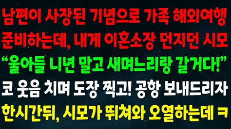실화사연 남편이 사장된 기념으로 가족 해외여행 준비하는데 내게 이혼소장 준 시모 니년 말고 새며느리랑 갈거다 웃으며 도장찍고 공항 보내드리자 한시간뒤 시모가