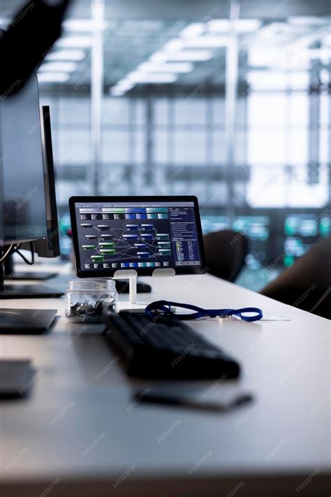 Code Running On Computer Screens And Tablet In Empty Data Center Free