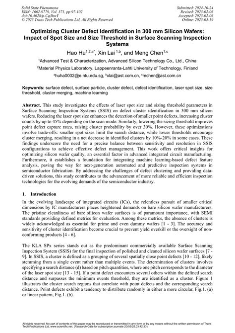 Optimizing Cluster Defect Identification In 300 Mm Silicon Wafers Impact Of Spot Size And Size