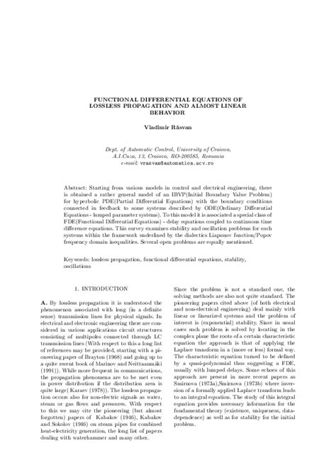Pdf Functional Differential Equations Of Lossless Propagation And Almost Linear Behavior
