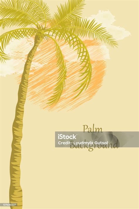 야자수 태양 구름이 있는 빈티지 포스터 노란색 열대 여름 배경텍스트 장소 초대 전단지 엽서 여행 광고 야자수 일몰벡터 일러스트레이션 발리 소순다 열도에 대한 스톡 벡터 아트
