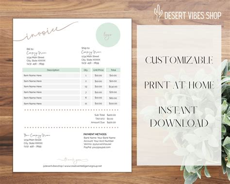 Customizable Invoice Template Modern Invoice Template Natural Colors Invoice Instant