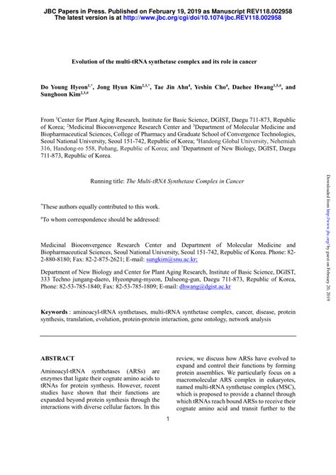 Pdf Evolution Of The Multi Trna Synthetase Complex And Its Role In Cancer