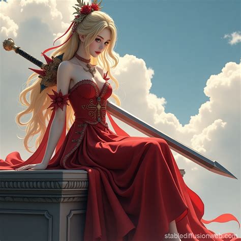 A Woman In A Red Dress Sitting On A Ledge With A Sword In Her Hand