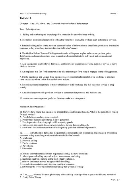 Tutorial 1 Chp1 Wk2 Tut Abdt2123 Fundamentals Of Selling Tutorial 1