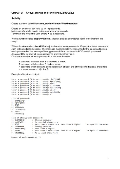Cmpg 121 Activity Password Strength Checker With Arrays And Functions