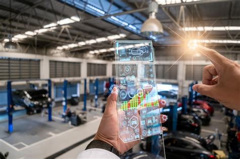 로봇 기술 Ai 자동차 수리 자동차 수리 차고 대리점 리프트 터치 터치 Ui 화면 인터페이스 포인트로 수정해야 할 지점으로 자동차 수리 Iot 자동차 산업의 신기술