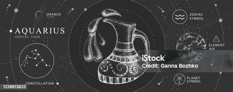 점성술 물병자리 조디악 기호현대 마법 마술 카드 사실적인 손 그리기 물 주전자 그림 조디악 특성 물병자리에 대한 스톡 벡터 아트 및 기타 이미지 Istock