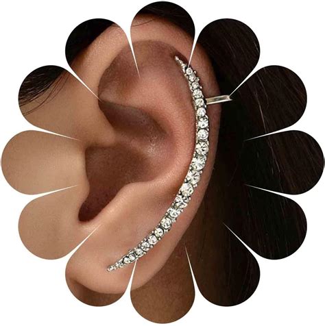 Boho Long Crystal Cuff Wrap Earrings Silver Bar Rhinestone Climber