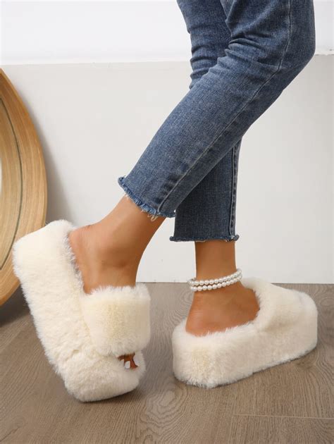 Women S Open Toe Slip On Furry High Heel House Slippers Fashionable Shein Asia