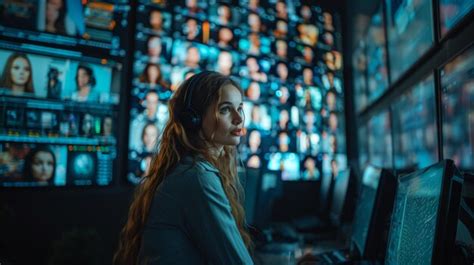 Premium Photo Female Leader Monitoring Multiple Digital Screens In