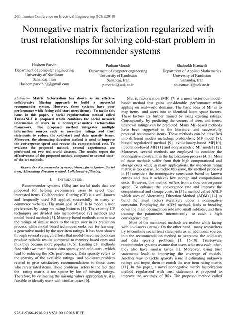 Pdf Nonnegative Matrix Factorization Regularized With Trust Relationships For Solving Cold