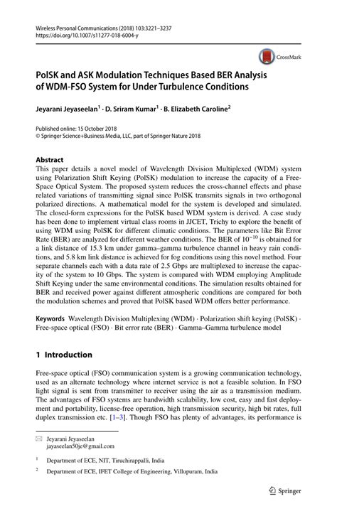 Pdf Polsk And Ask Modulation Techniques Based Ber Analysis Of Wdm Fso