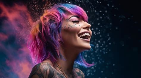 Premium Ai Image A Woman With A Rainbow Haircut And A Rainbow Tattoo