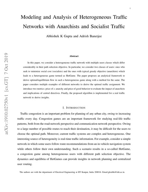 Pdf Modeling And Analysis Of Heterogeneous Traffic Networks With Anarchists And Socialist Traffic