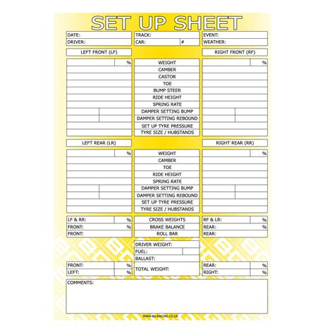 Bg Racing Chassis Set Up Sheets 50 Pad Bgr426 Msar