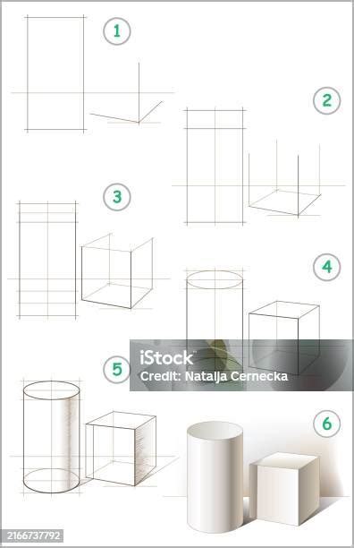 원통형과 정육면체로 정물을 그리는 방법을 단계별로 배우는 방법을 보여줍니다 아이들에게 그림 그리기와 색칠하기 기술을 개발합니다