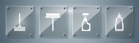 액체 식기 세척 액체 세제 액체 스퀴지 스크레이퍼 와이퍼 및 걸레를 곁들인 스프레이 병을 위한 플라스틱 병을 설정합니다 정사각형 유리 패널 벡터 가사 집안일에 대한 스톡