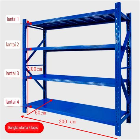 Jual Rak Rangka Besi Gudang 4 Susun 200 Kg 200x60x200 Cm Rack Serbaguna Siku Lubang Layer Dapur