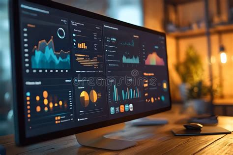 A Desktop Computer Screen Displaying Data Charts And Graphs Stock Illustration Illustration Of