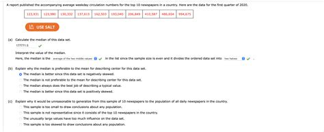 Solved A Calculate The Median Of This Data Set Interpret Chegg Com